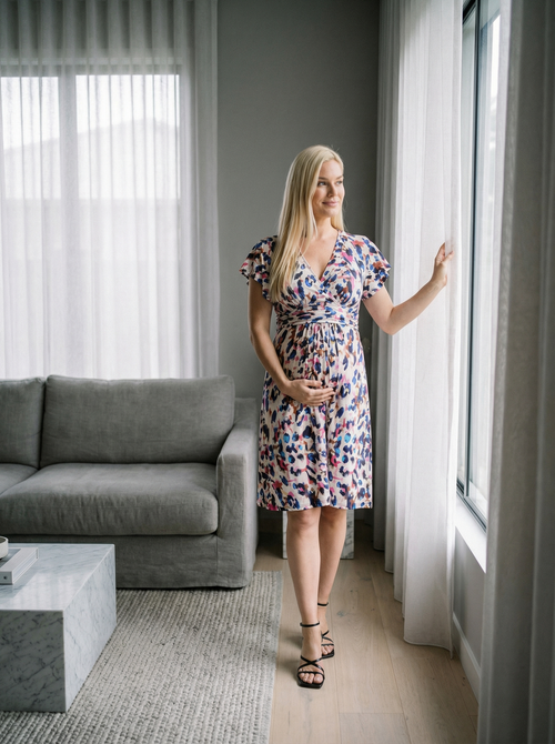 24SEVEN COMFORT APPAREL Maternity Abstract Print V-Neck A-Line Dress